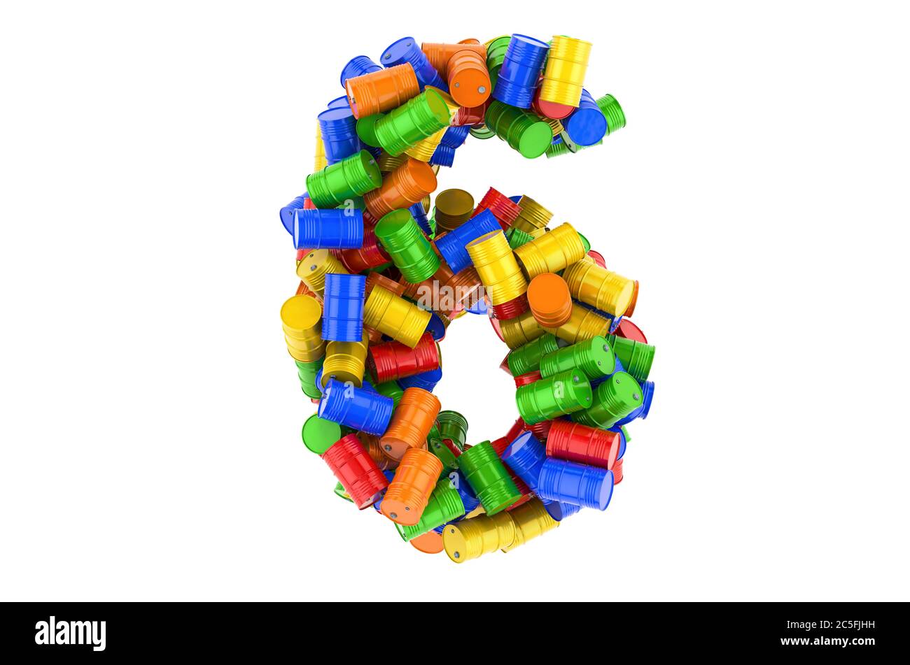 Number 6 from colored steel barrels, 3D rendering isolated on white ...