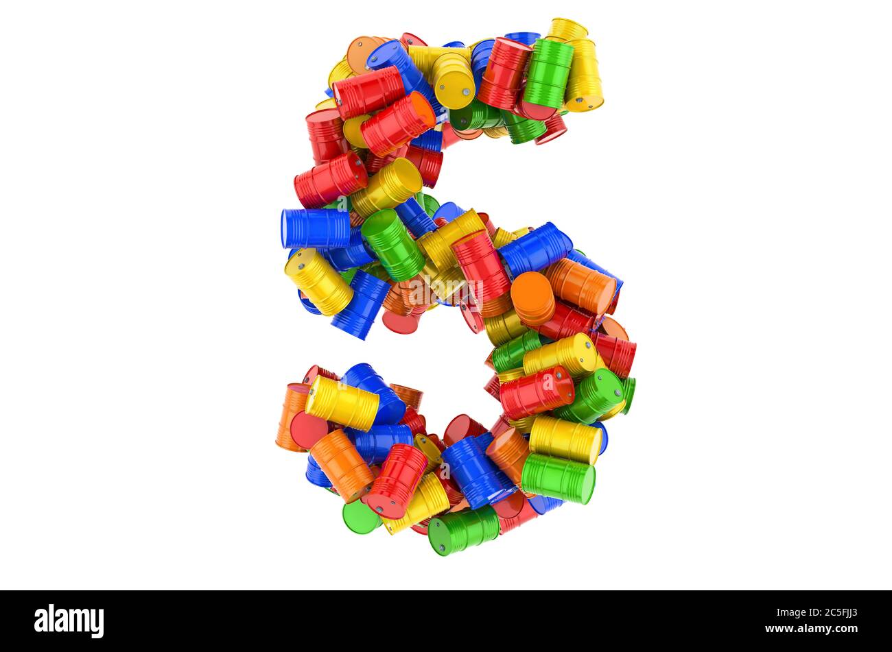 Number 5 from colored steel barrels, 3D rendering isolated on white ...