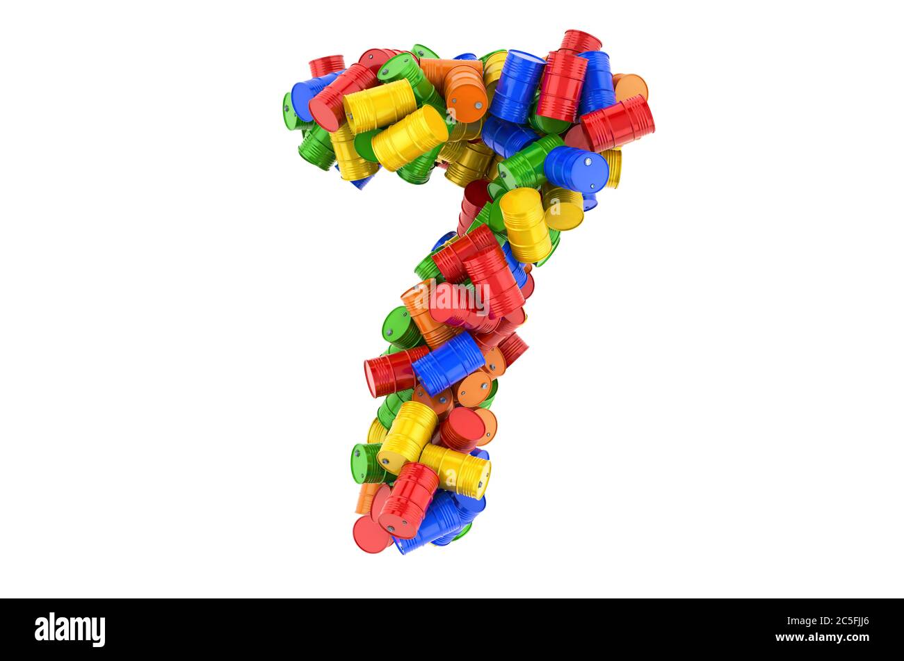 Number 7 from colored steel barrels, 3D rendering isolated on white ...