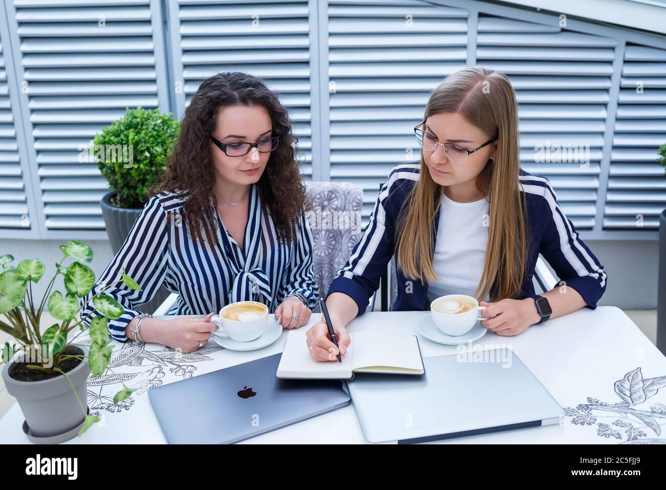 Smiling successful female workers are working together, working on a ...
