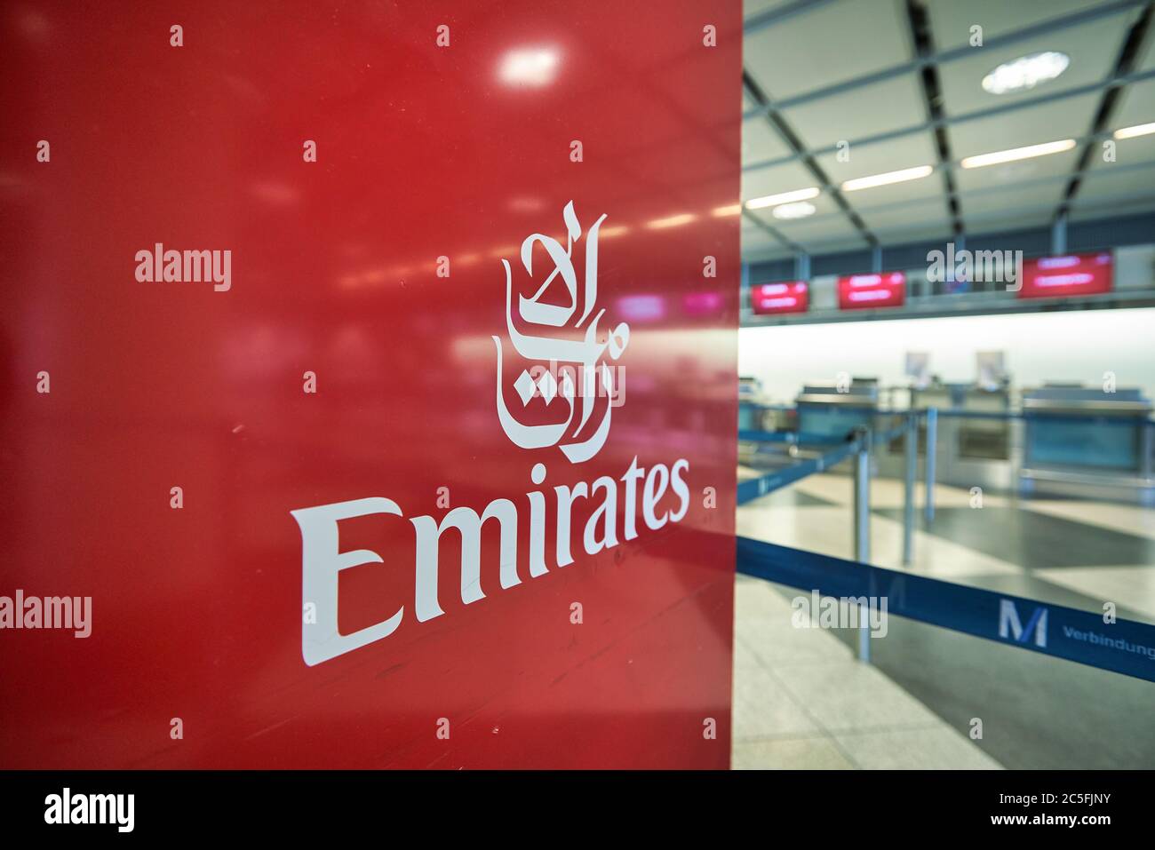 MUNICH, GERMANY - CIRCA JANUARY, 2020: close up shot of Emirates sign ...