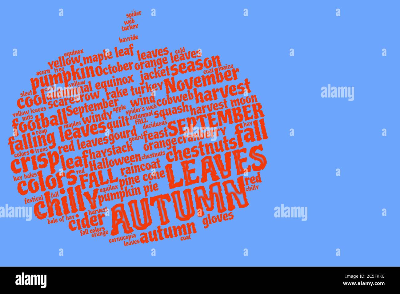 Autumn word cloud in the shape of a pumpkin, orange on blue background ...