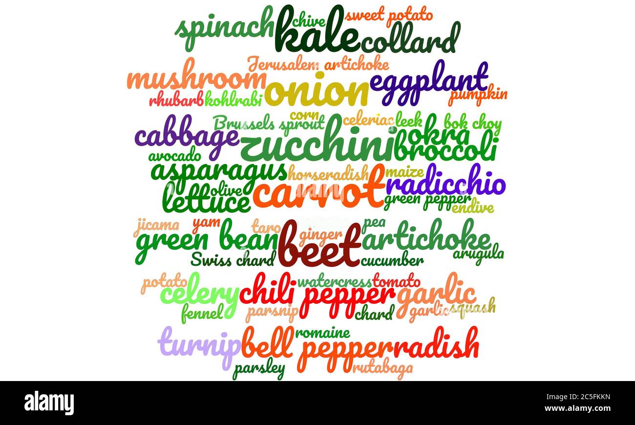 Colorful word cloud with typography referring to vegetables, concept ...