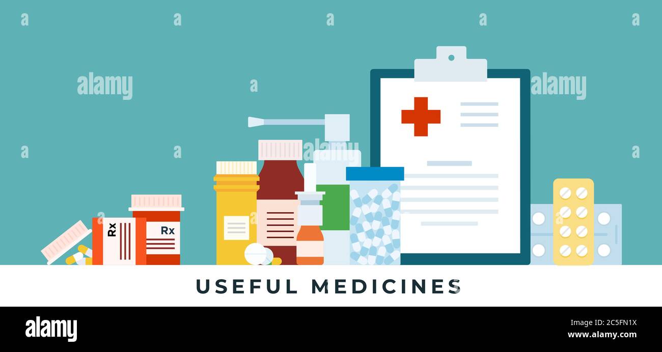 Medications useful for health flat design vector illustration Stock ...