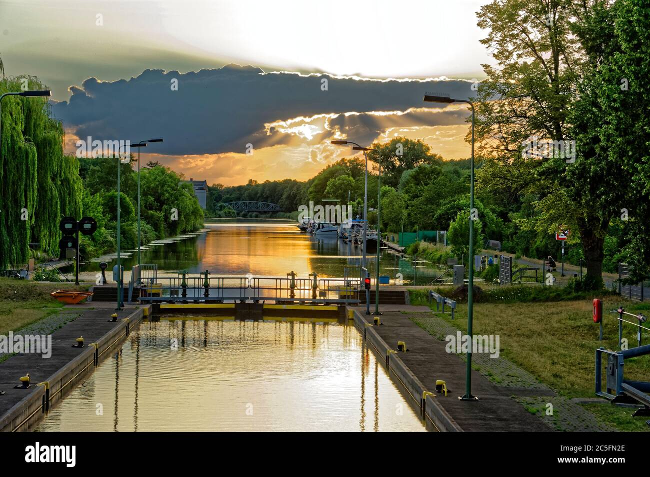 Sunset at Limmer Schleuse by Continental Limmer Stock Photo - Alamy