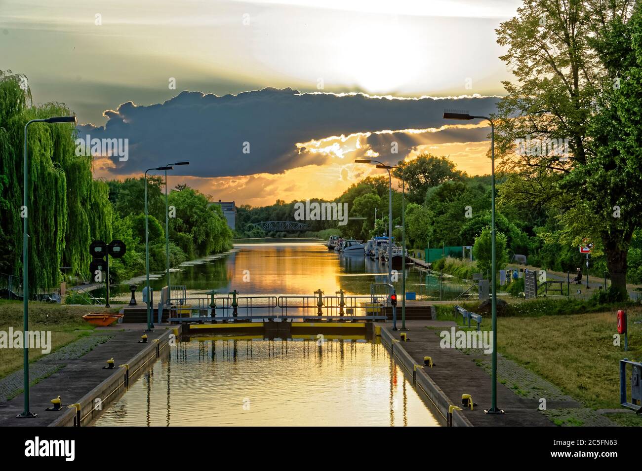 Sunset at Limmer Schleuse by Continental Limmer Stock Photo - Alamy