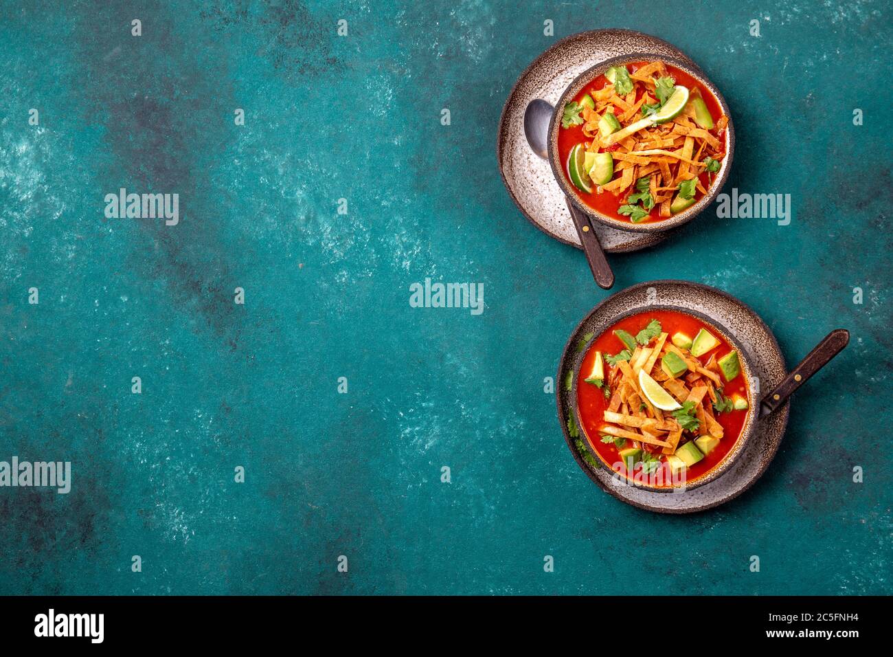 Aztec soup. Mexican sopa azteca with fried tortilla . Top view Stock ...