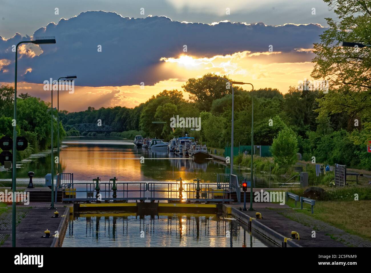 Sunset at Limmer Schleuse by Continental Limmer Stock Photo - Alamy