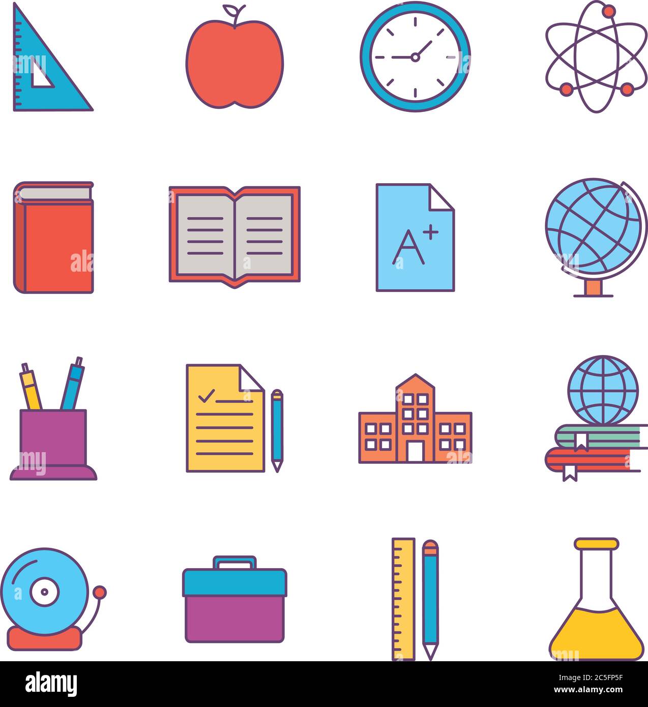 School line and fill style icon set design, education class lesson ...