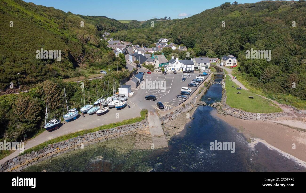 Aerial view of Solva harbour at high tide. Solva Pembrokeshire Wales UK ...