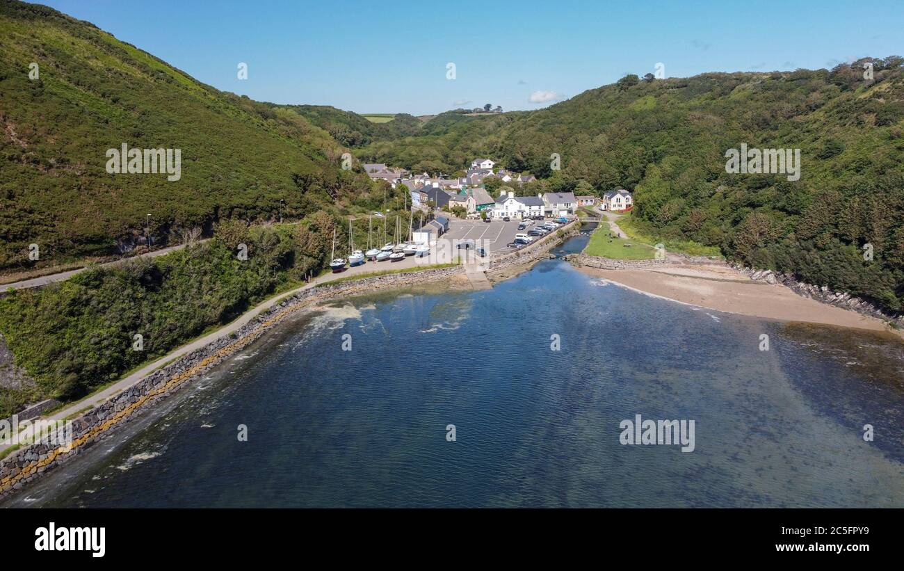 Aerial view of Solva harbour at high tide. Solva Pembrokeshire Wales UK ...