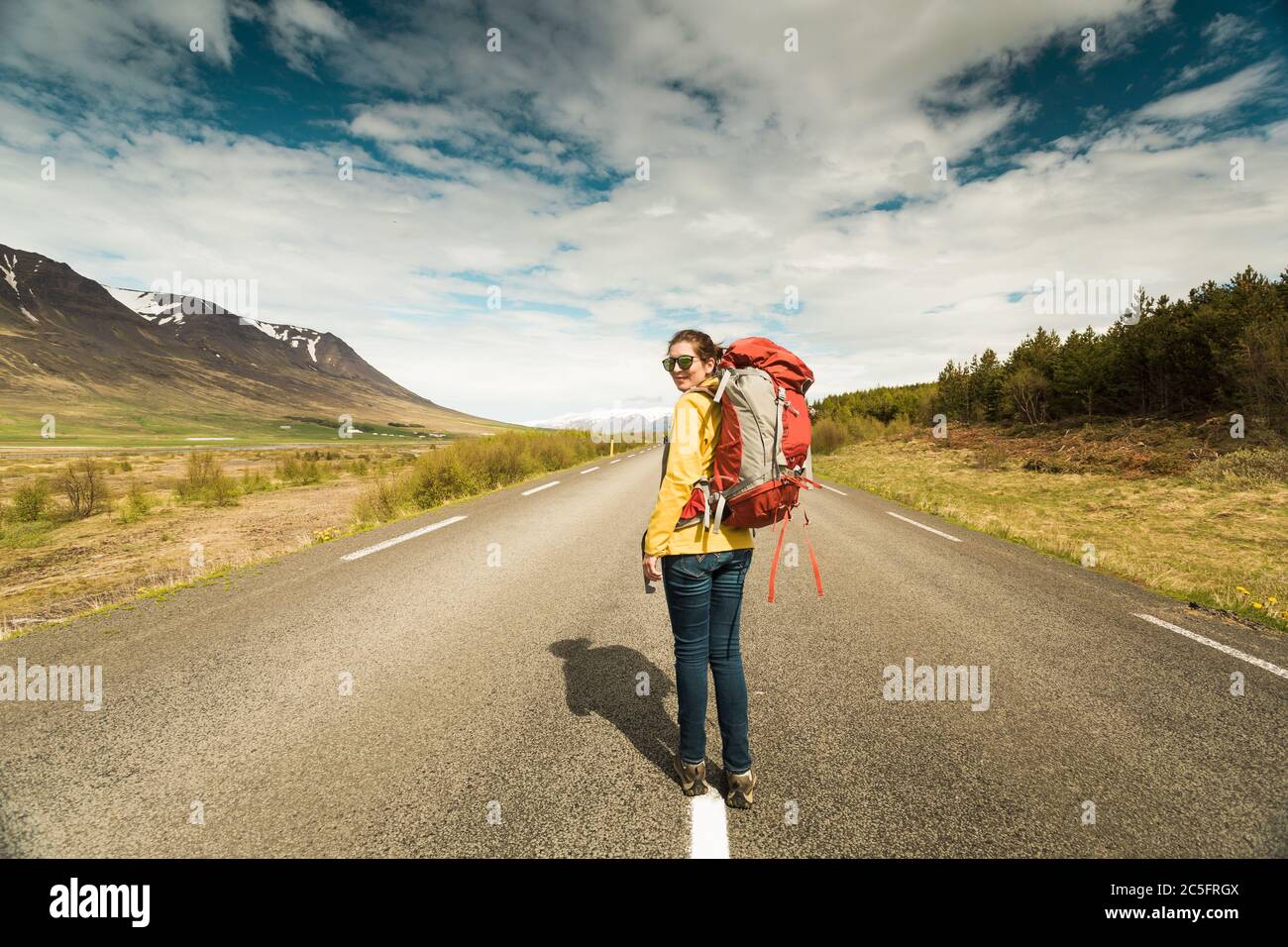 Female backpacker tourist in Icleand ready for adventure Stock Photo ...