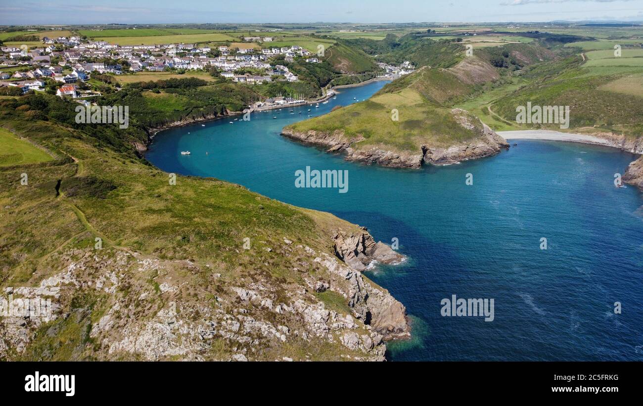 Aerial view of Solva harbour at high tide. Solva Pembrokeshire Wales UK ...