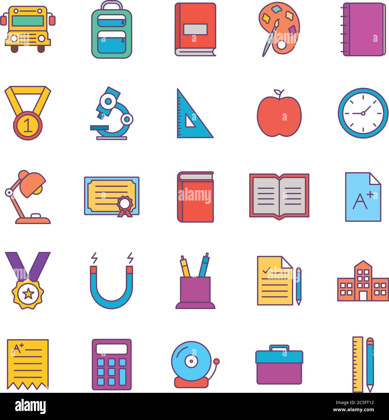 School line and fill style icon set design, education class lesson ...