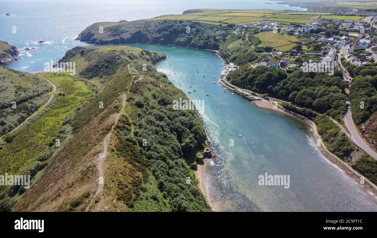 Aerial view of Solva harbour at high tide. Solva Pembrokeshire Wales UK ...