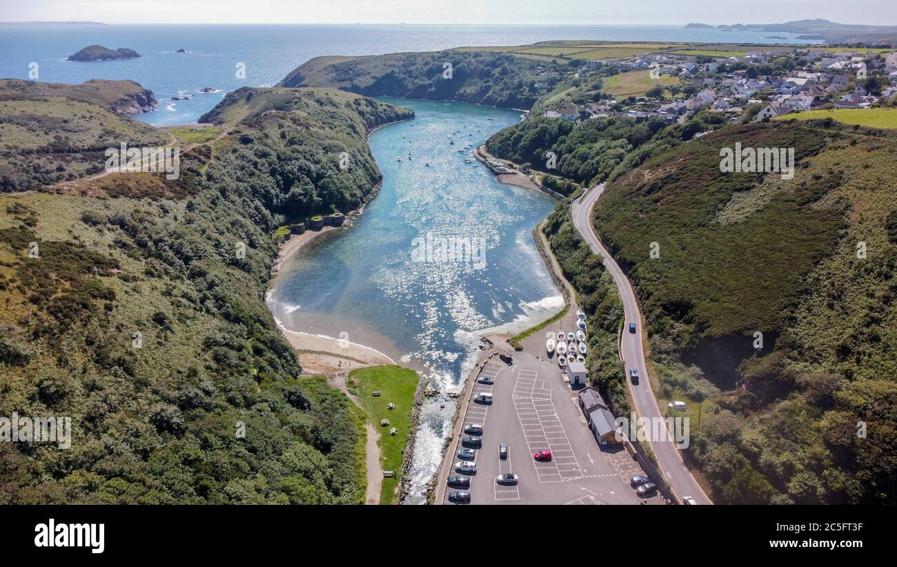 Aerial view of Solva harbour at high tide. Solva Pembrokeshire Wales UK ...