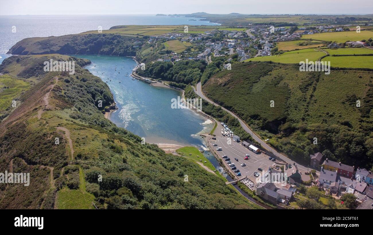 Aerial view of Solva harbour at high tide. Solva Pembrokeshire Wales UK ...