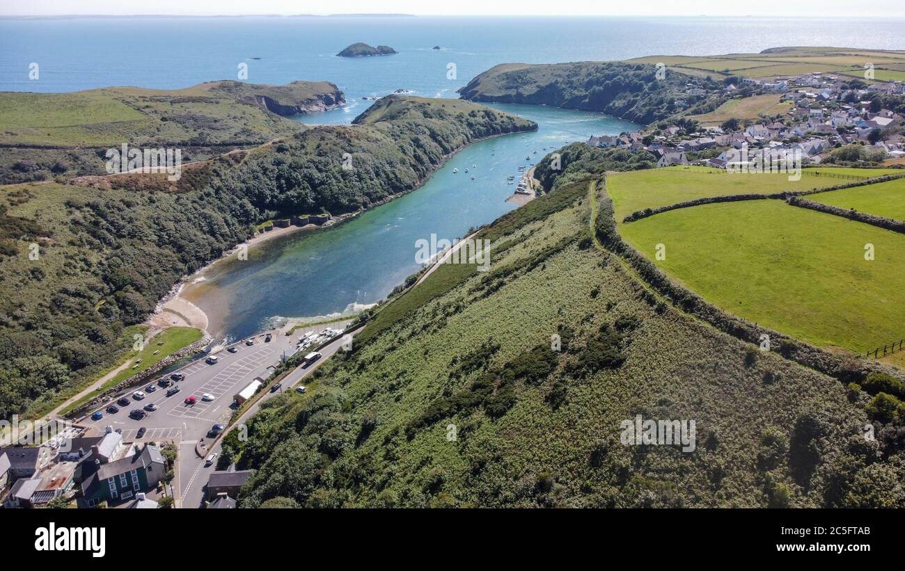 Aerial view of Solva harbour at high tide. Solva Pembrokeshire Wales UK ...