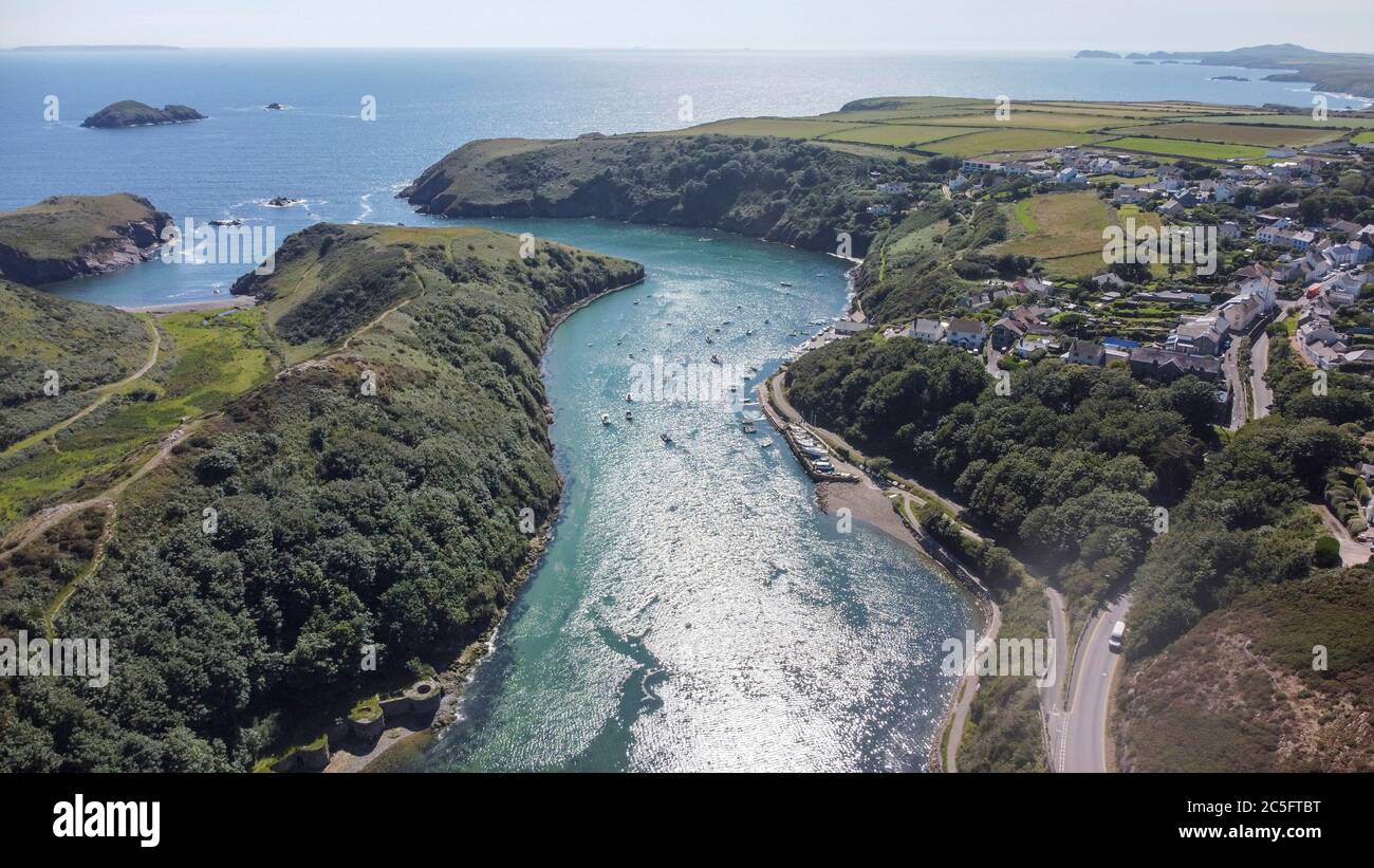 Aerial view of Solva harbour at high tide. Solva Pembrokeshire Wales UK ...