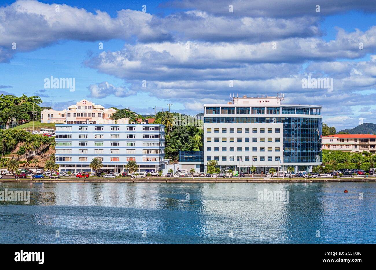 Two Blue Buildings on St Lucia Port Stock Photo - Alamy