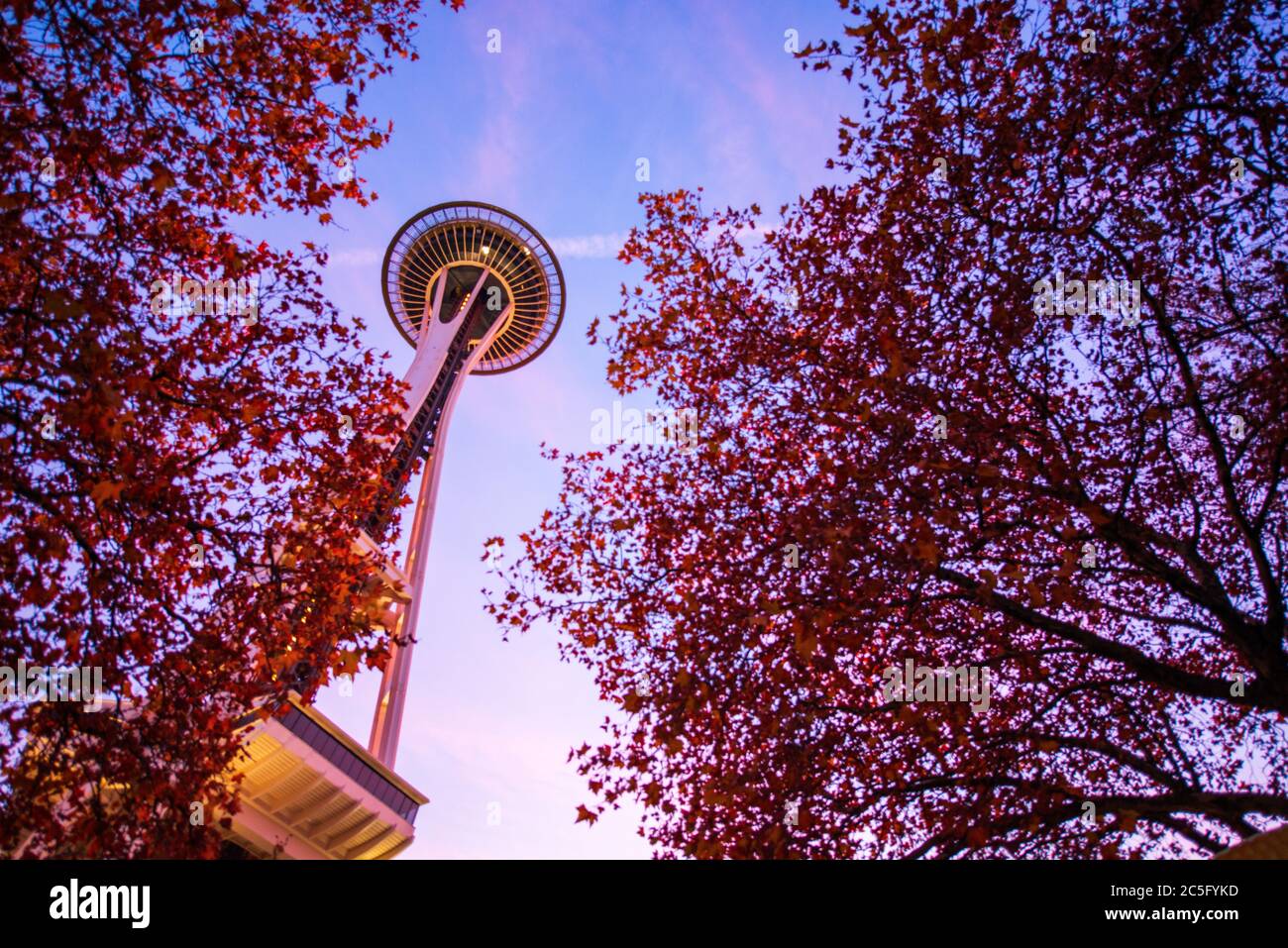 Space Needle with Fall Foliage illuminated by Sunset Stock Photo - Alamy