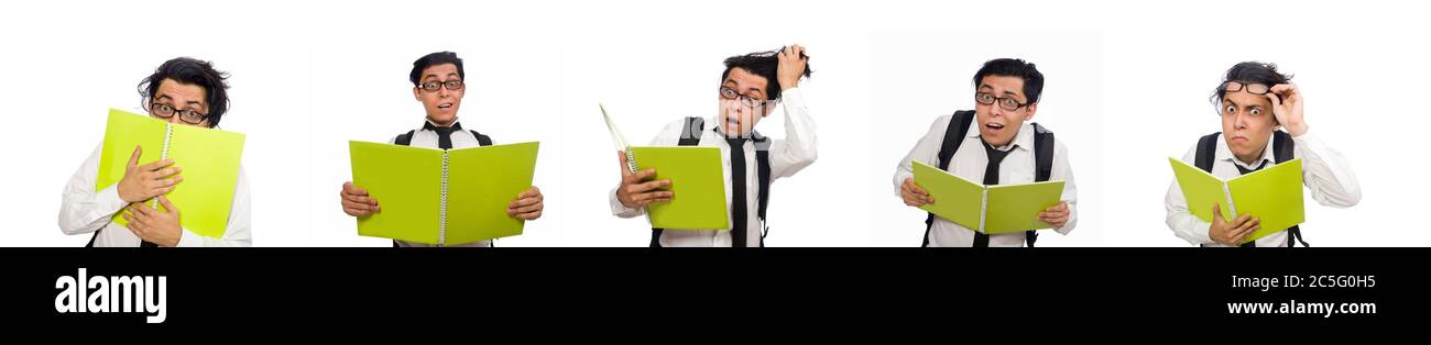 The male student holding notes isolated on white Stock Photo - Alamy