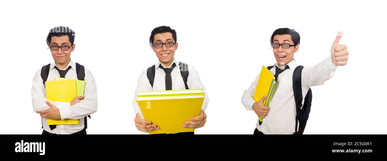 The male student holding notes isolated on white Stock Photo - Alamy