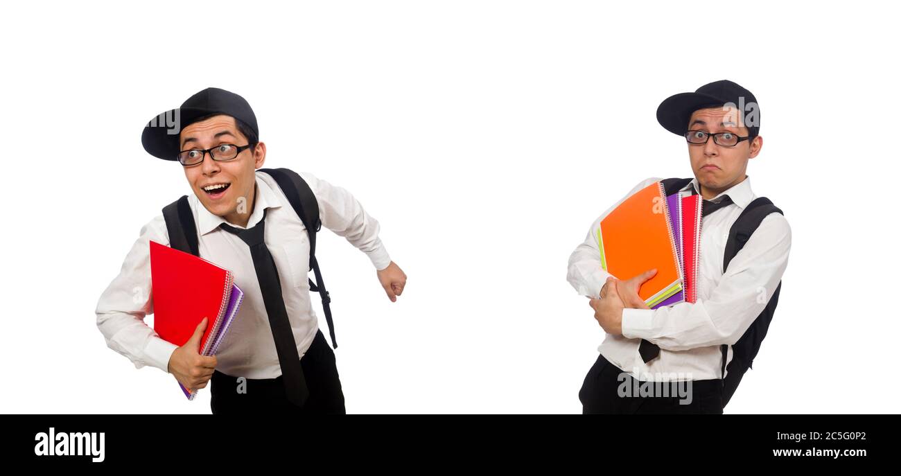The male student holding notes isolated on white Stock Photo - Alamy