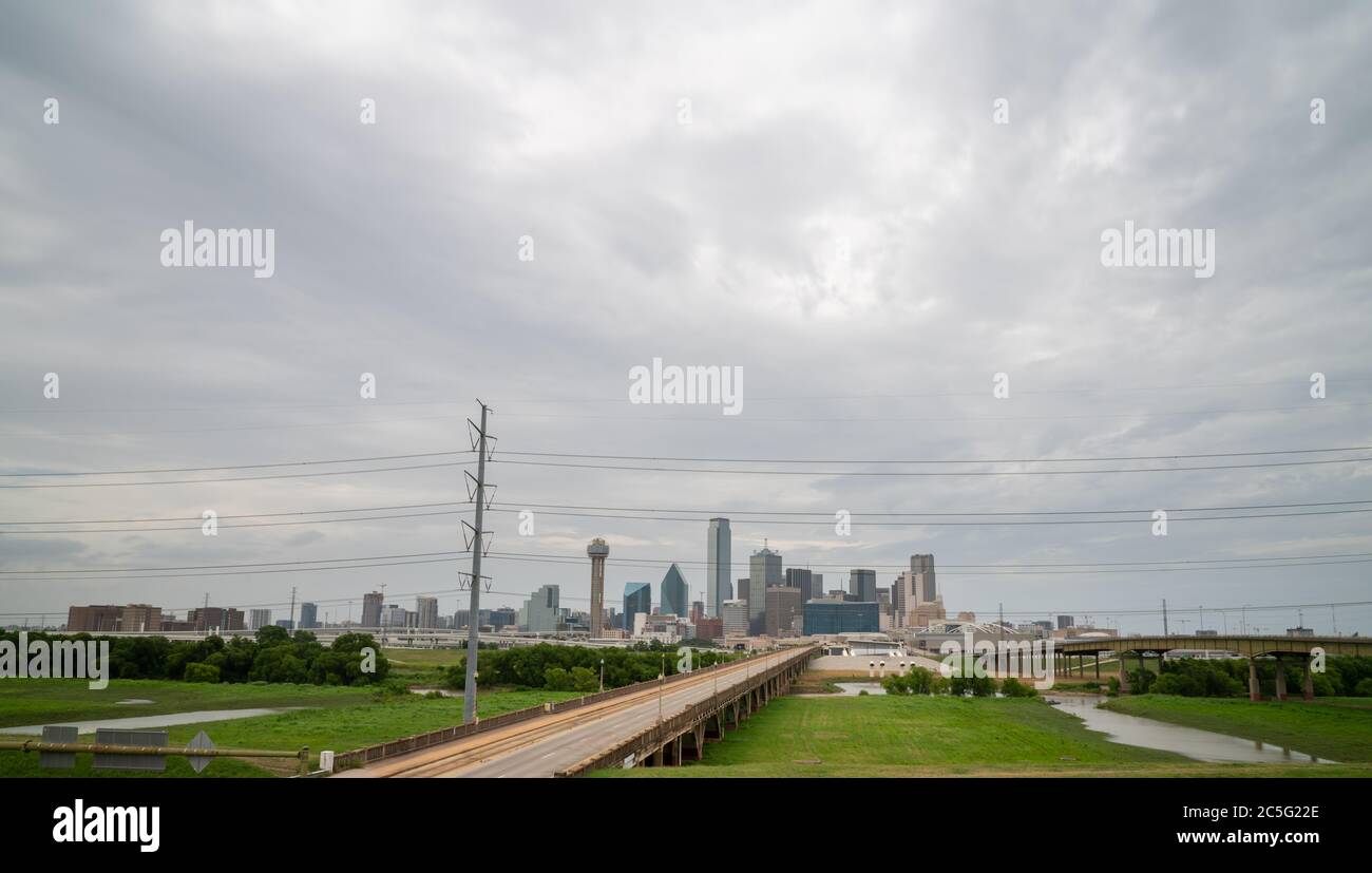 Aerial View of Dallas Skyline With Overcast Skyes and Empty Streets ...