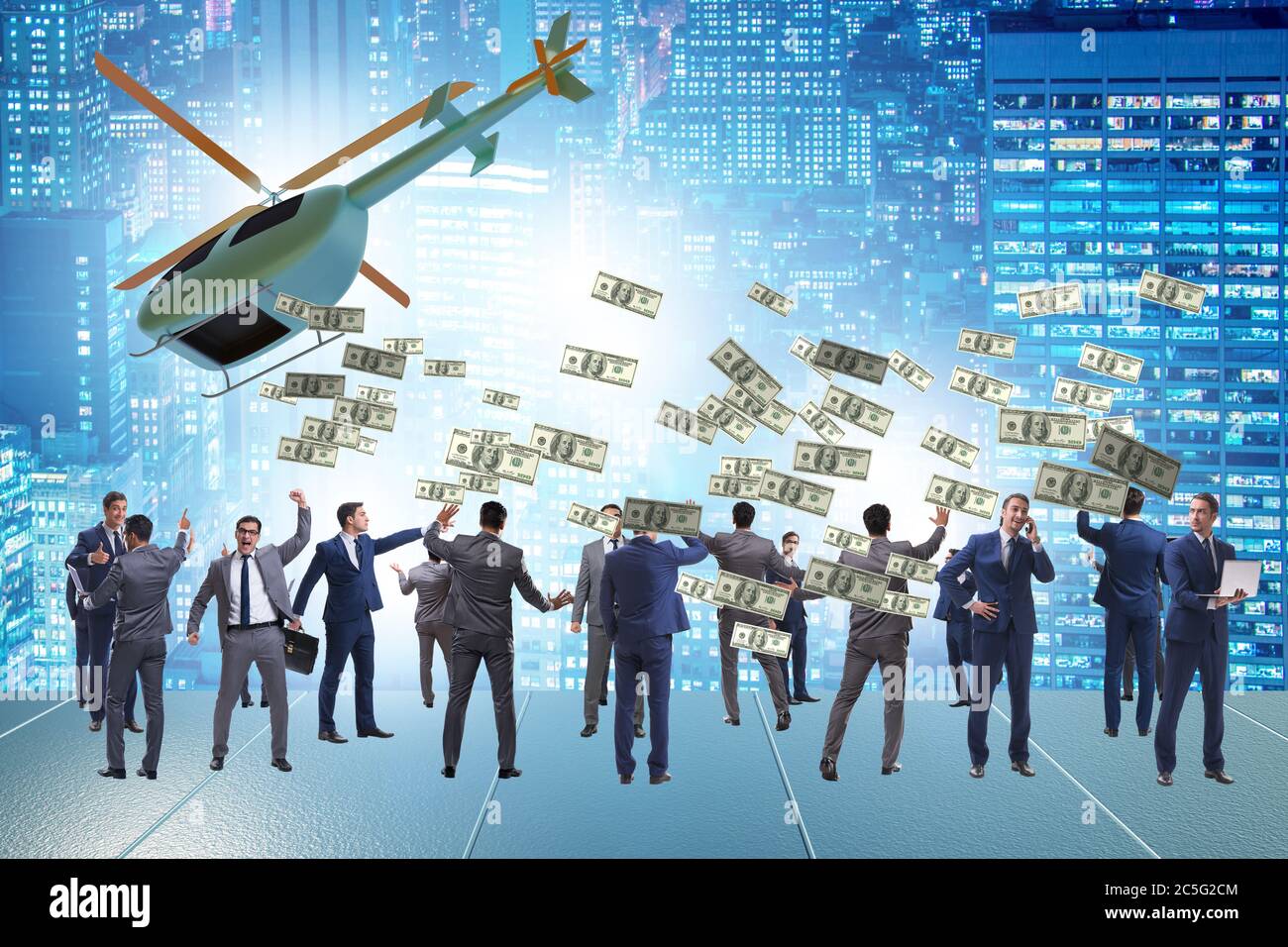 Businessman in the helicopter money concept Stock Photo - Alamy