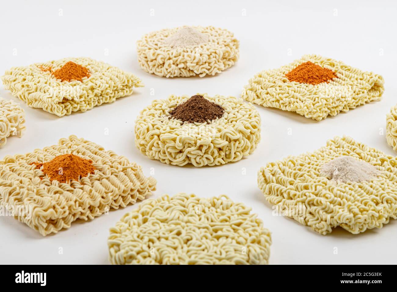 Instant food products concept- dry instant noodles, luncheon meat ...