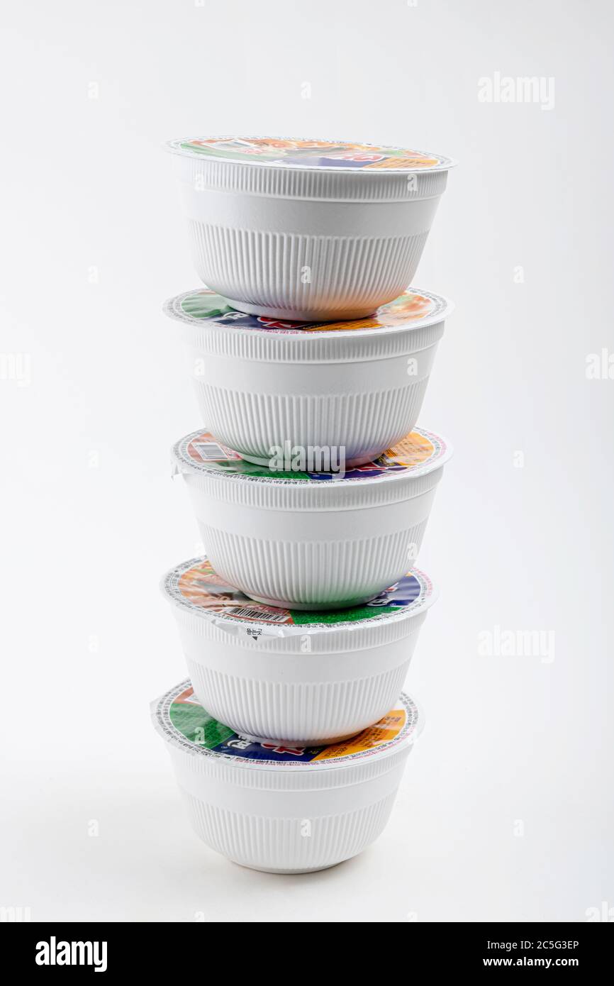 Instant food products concept- dry instant noodles, luncheon meat ...