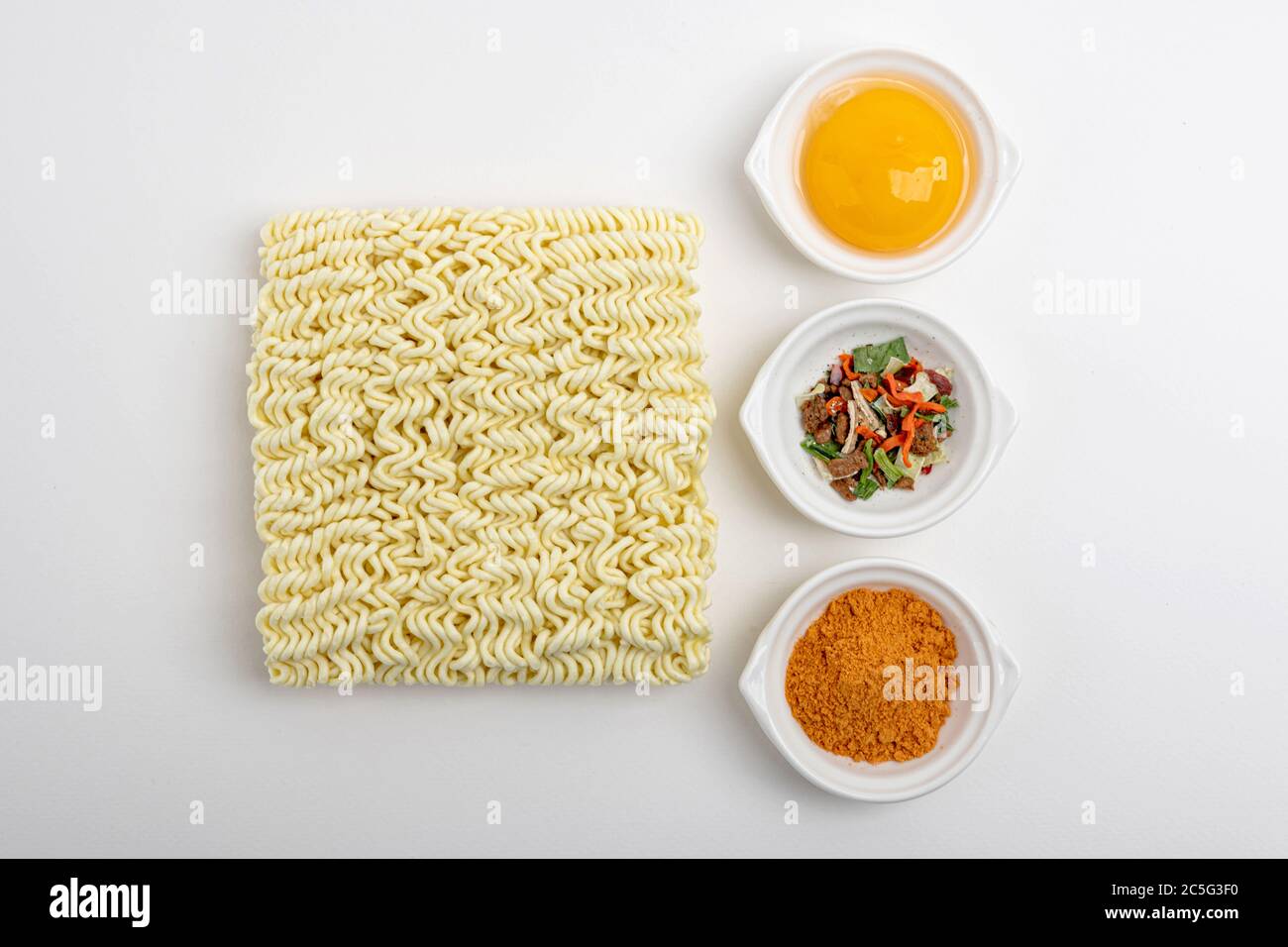 Instant food products concept- dry instant noodles, luncheon meat ...