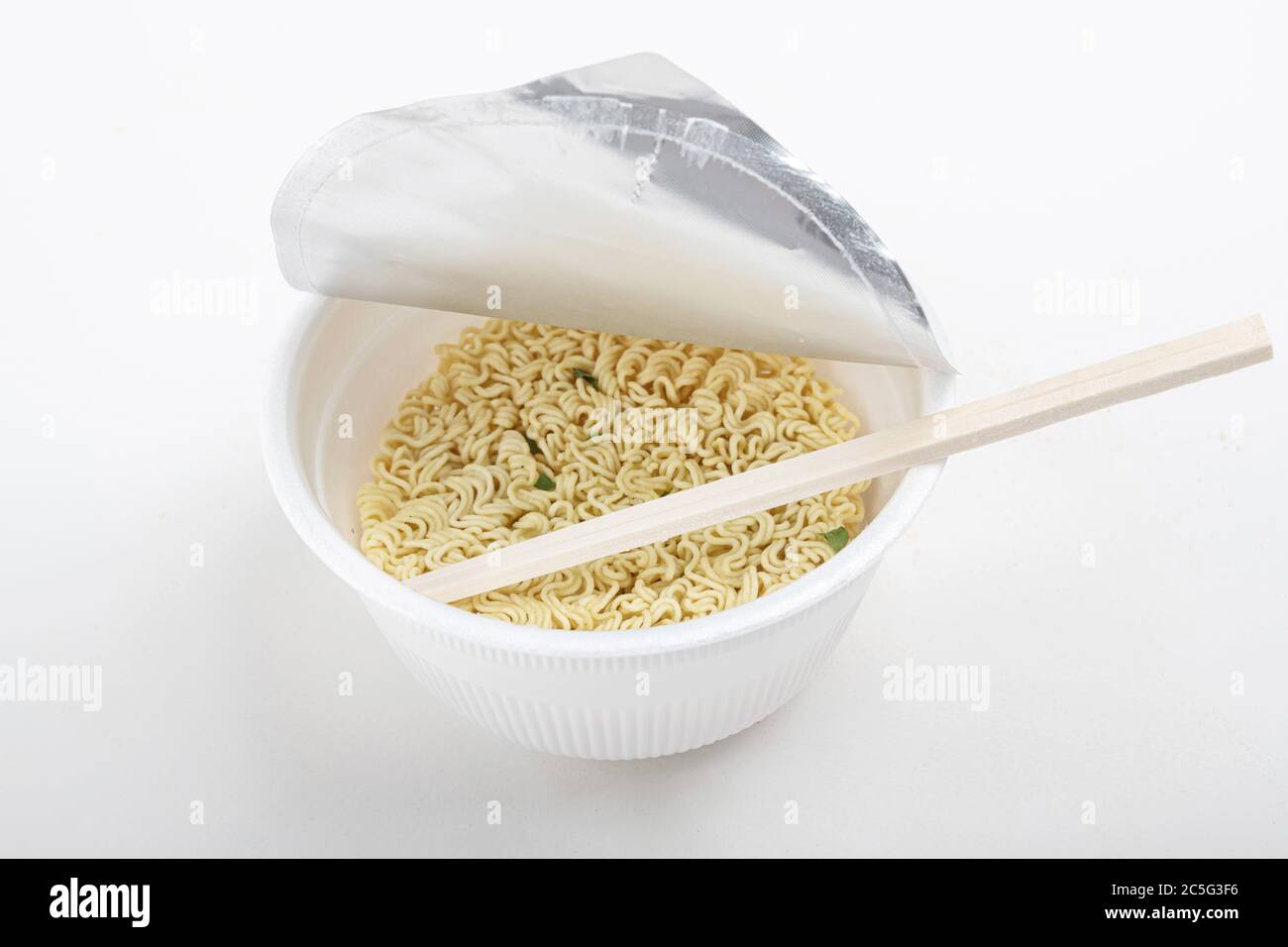 Instant food products concept- dry instant noodles, luncheon meat ...