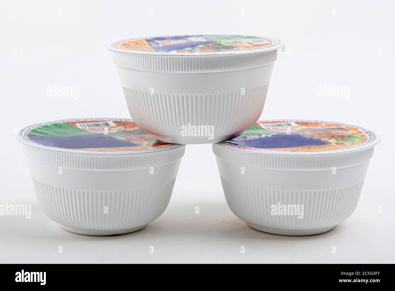 Instant food products concept- dry instant noodles, luncheon meat ...