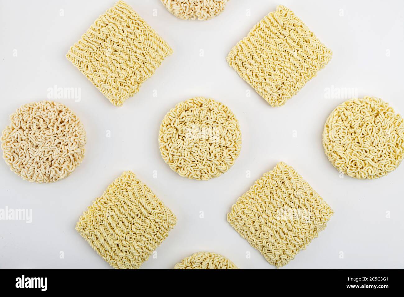 Instant food products concept- dry instant noodles, luncheon meat ...