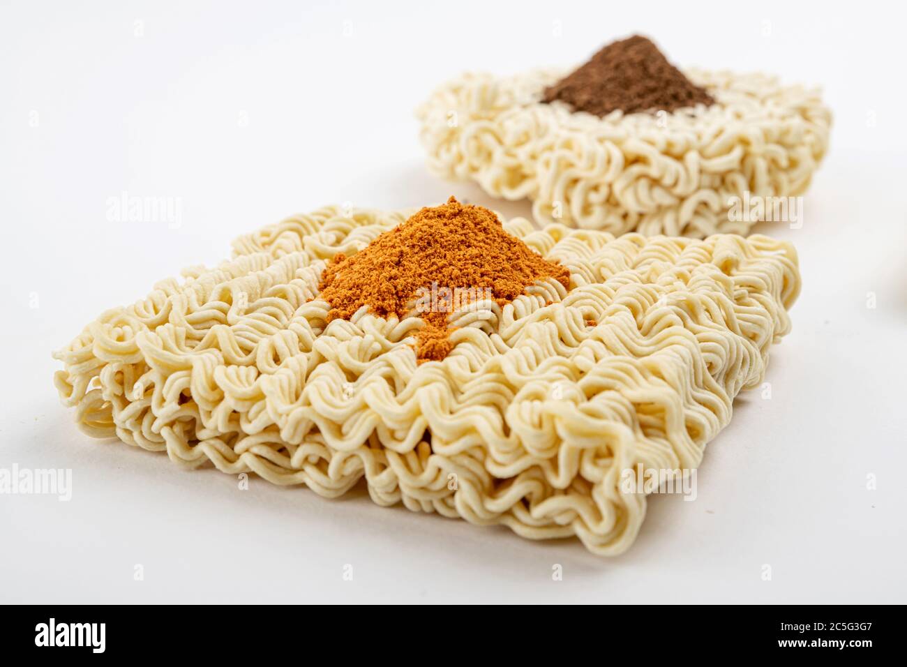 Instant food products concept- dry instant noodles, luncheon meat ...
