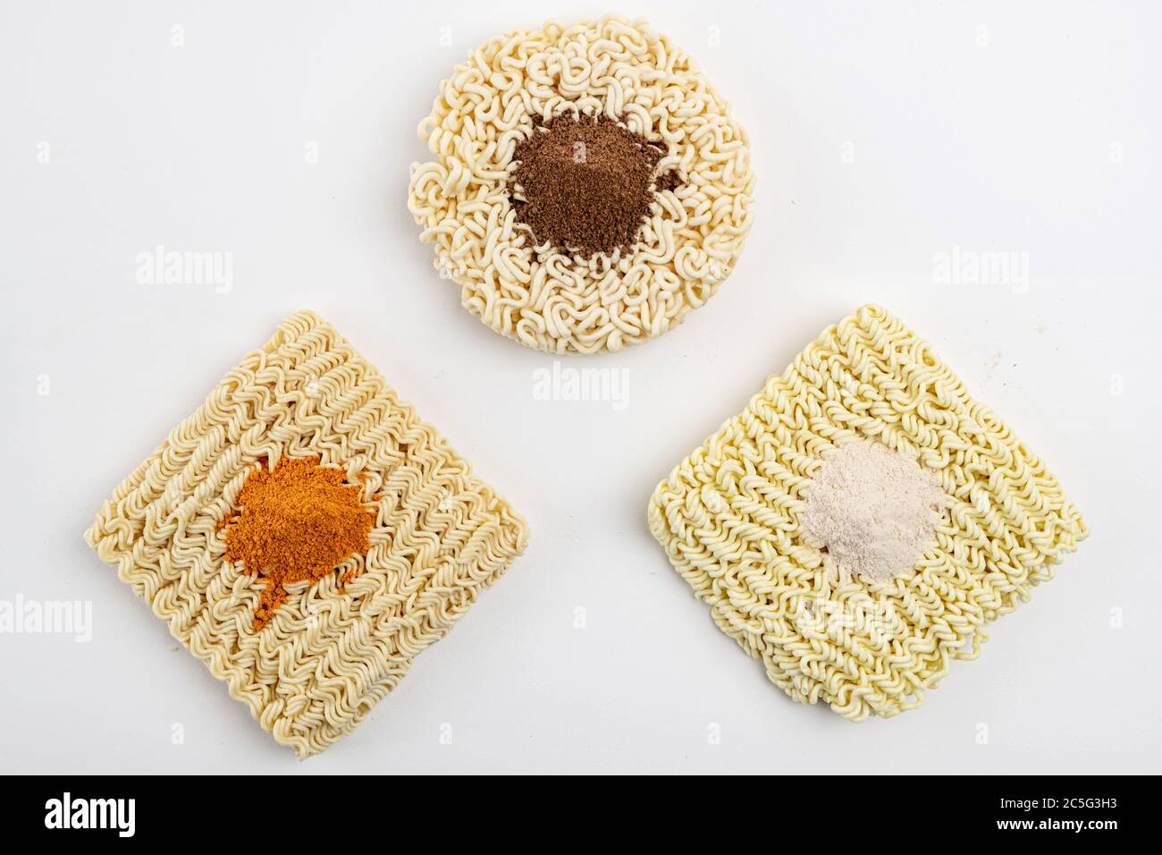 Instant food products concept- dry instant noodles, luncheon meat ...