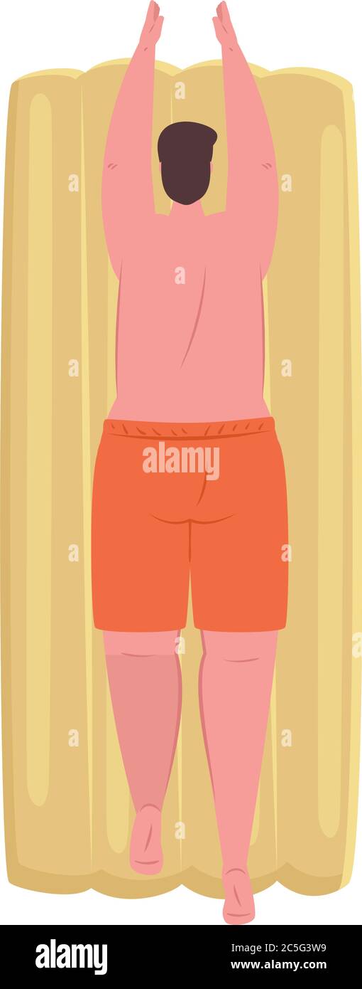 man of back in shorts orange color in lying down on inflatable float on ...