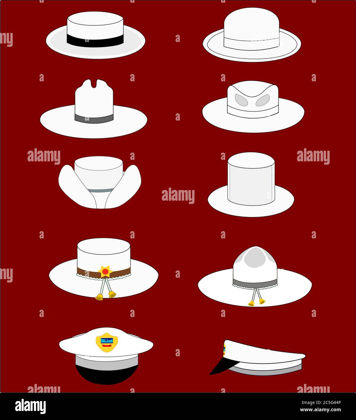 Digital illustration of twelve different hats for men, in white ...