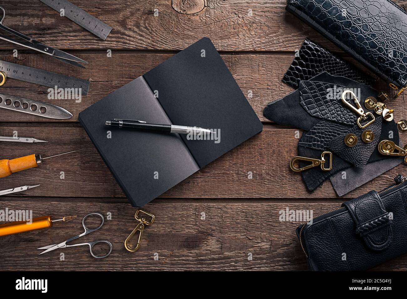 Leather products. Work place craftsman in a workshop. Top view Stock ...