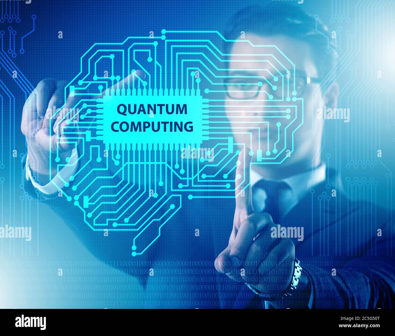 The businessman pressing virtual button in quantum computing concept ...