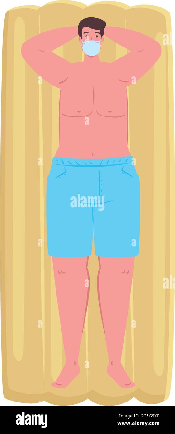 man in shorts blue color, wearing medical mask in lying down on ...