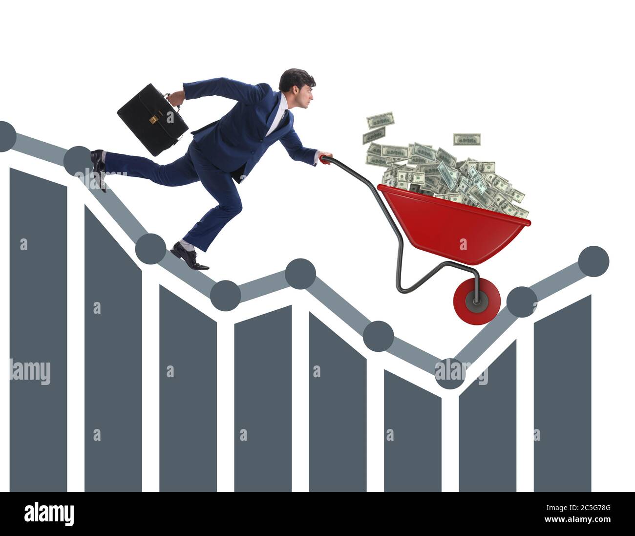 The businessman pushing money wheelbarrow down the chart Stock Photo ...