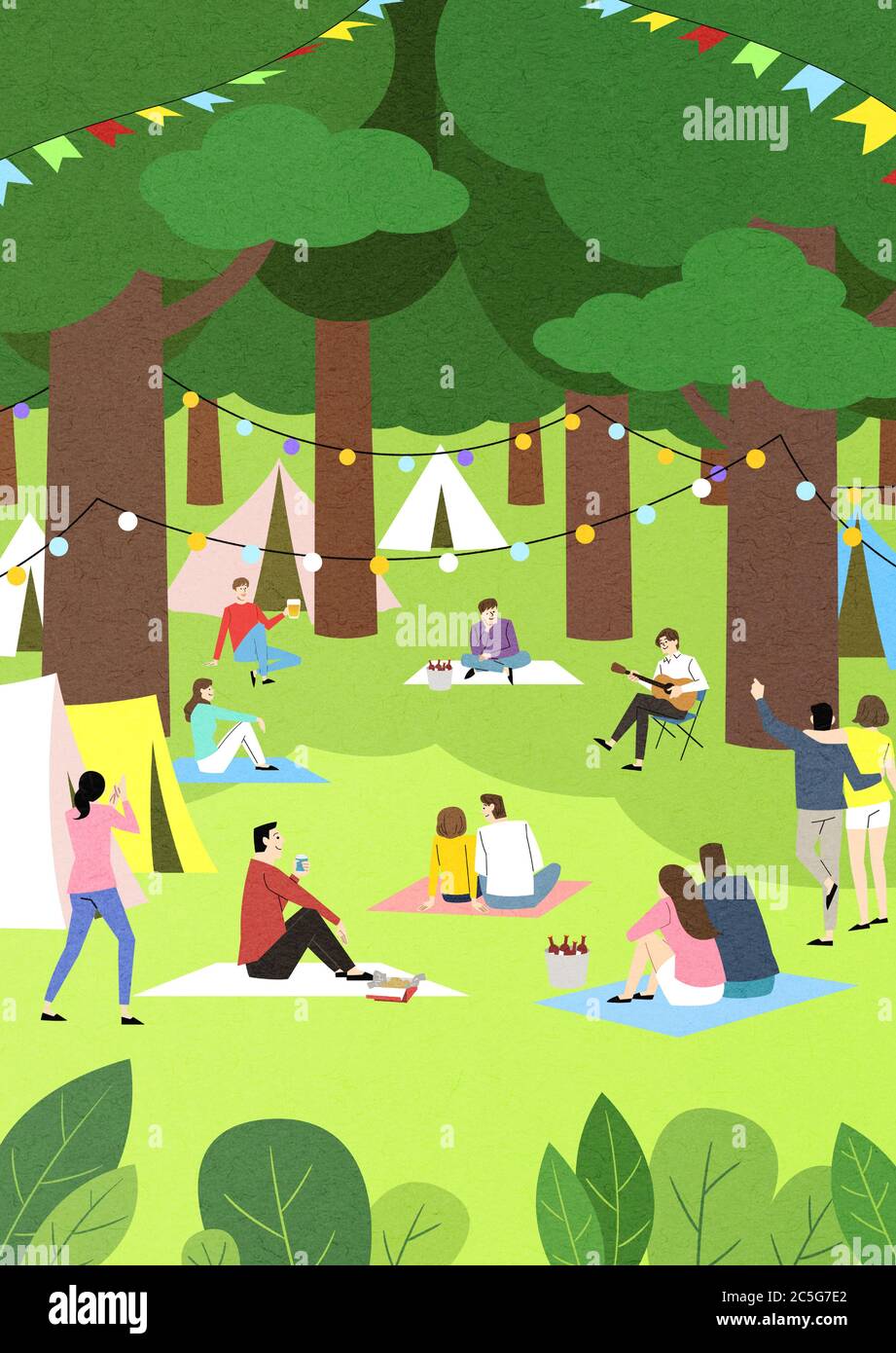 Spring landscape background. People enjoy picnic in the park ...
