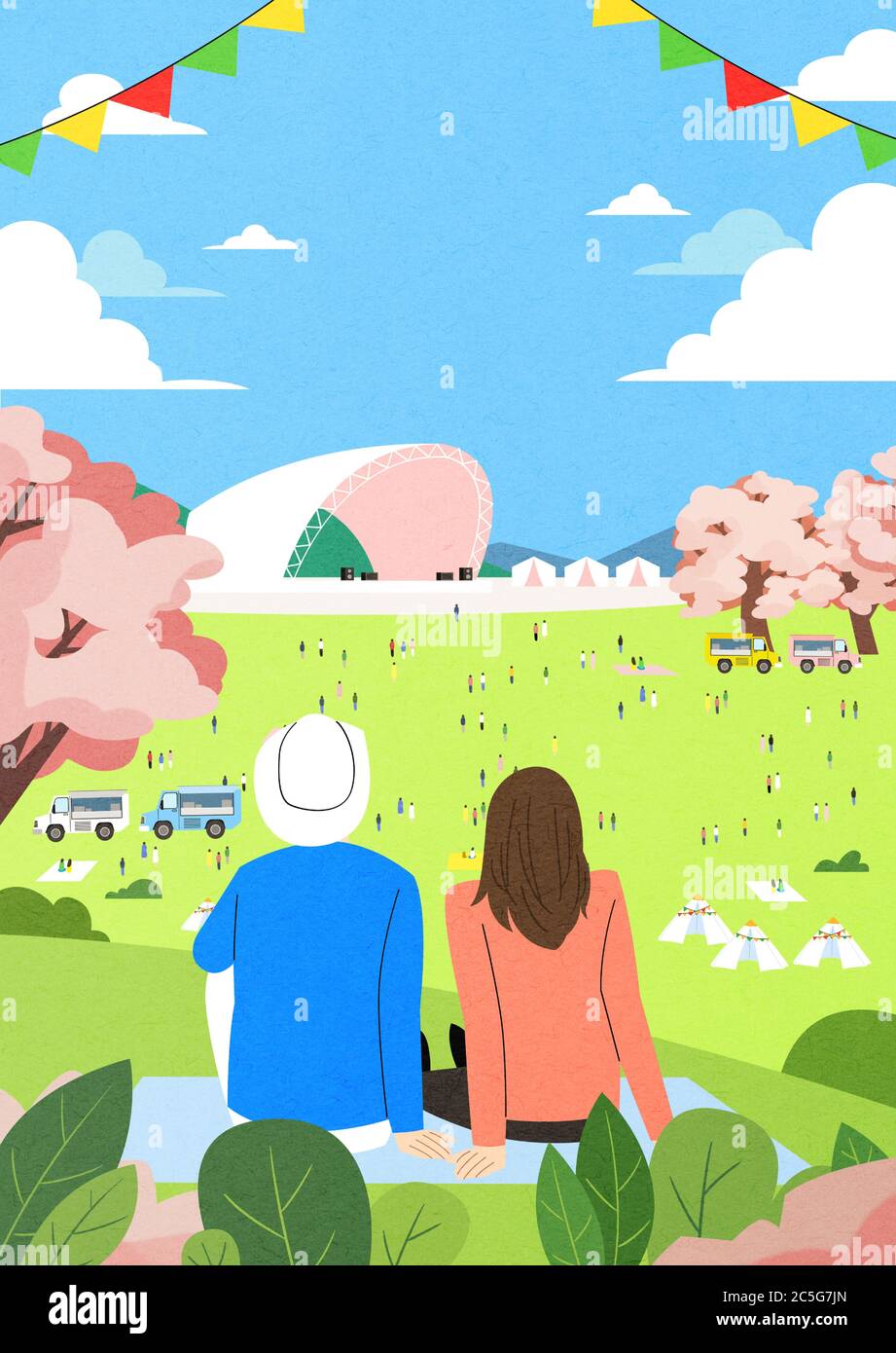 Spring landscape background. People enjoy picnic in the park ...