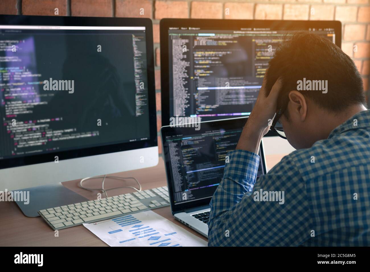 Software developers headache with code analysis in the office Stock ...