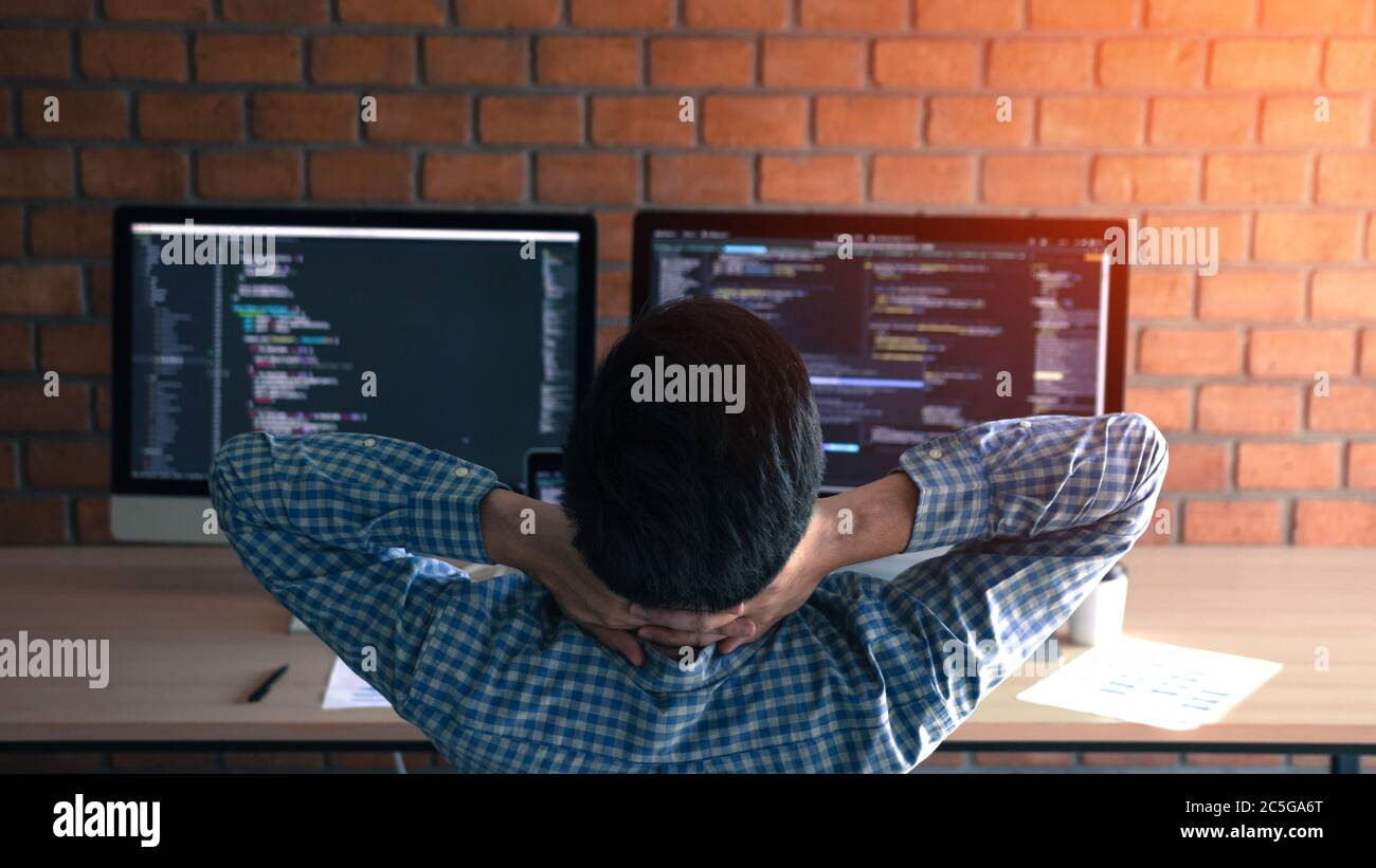 Software developers are relaxing from the hard work at his office Stock ...