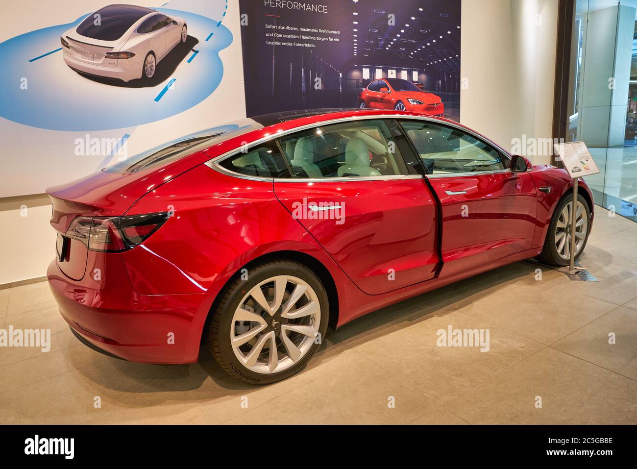 BERLIN, GERMANY - CIRCA SEPTEMBER, 2019: red Model 3 on display at ...