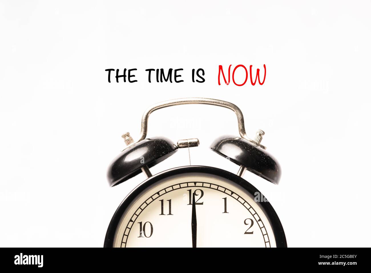 “THE TIME IS NOW” wordings with alarm clock against white background ...